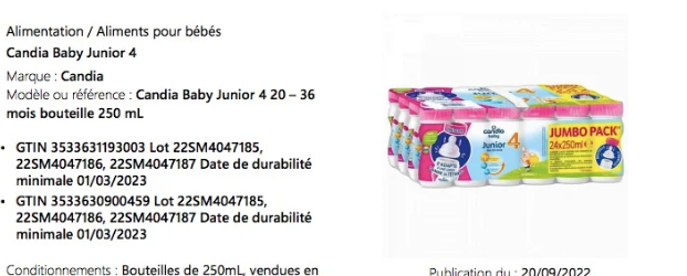 La marque Candia rappelle des bouteilles de lait pour bébé vendues ...
